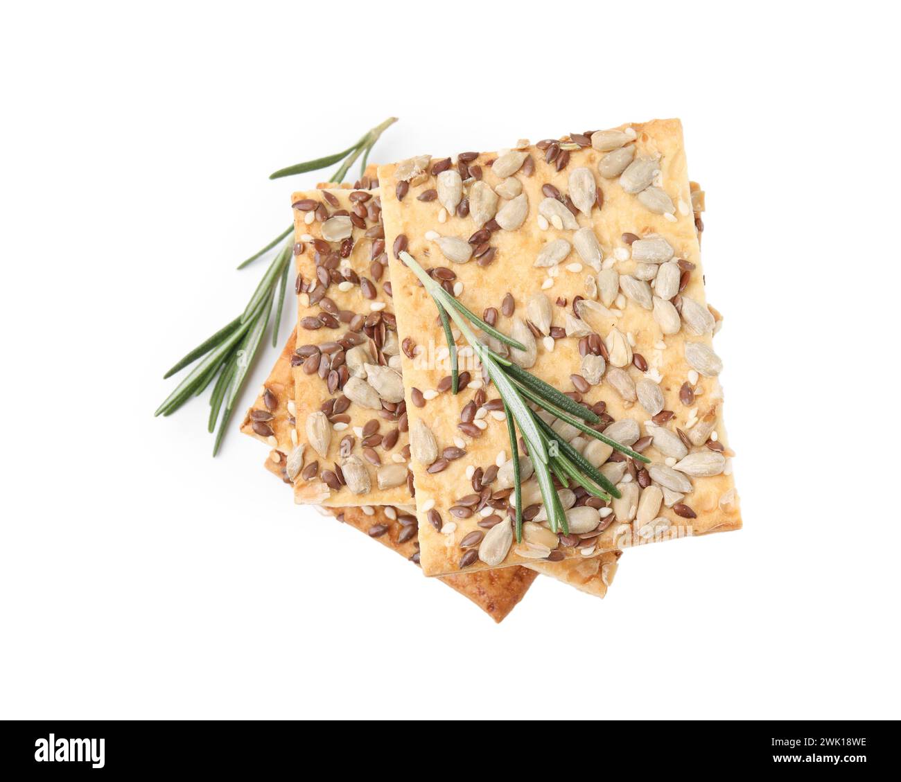 Stack of cereal crackers with flax, sunflower, sesame seeds and ...