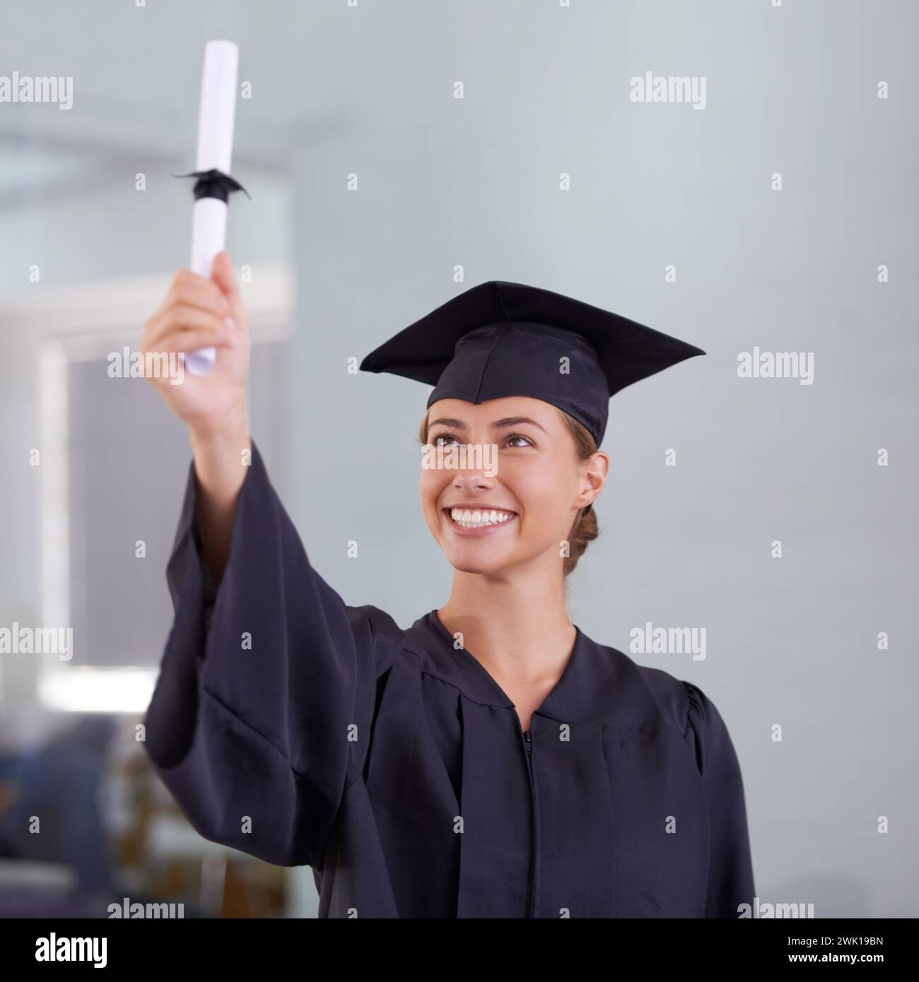 Graduation, certificate and happy woman celebrate at university for ...