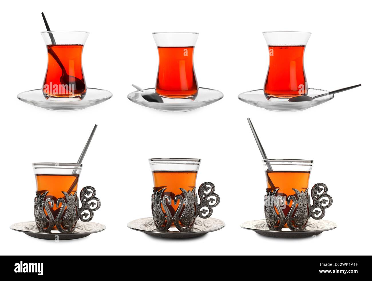 Traditional Turkish tea in glasses isolated on white, set Stock Photo ...