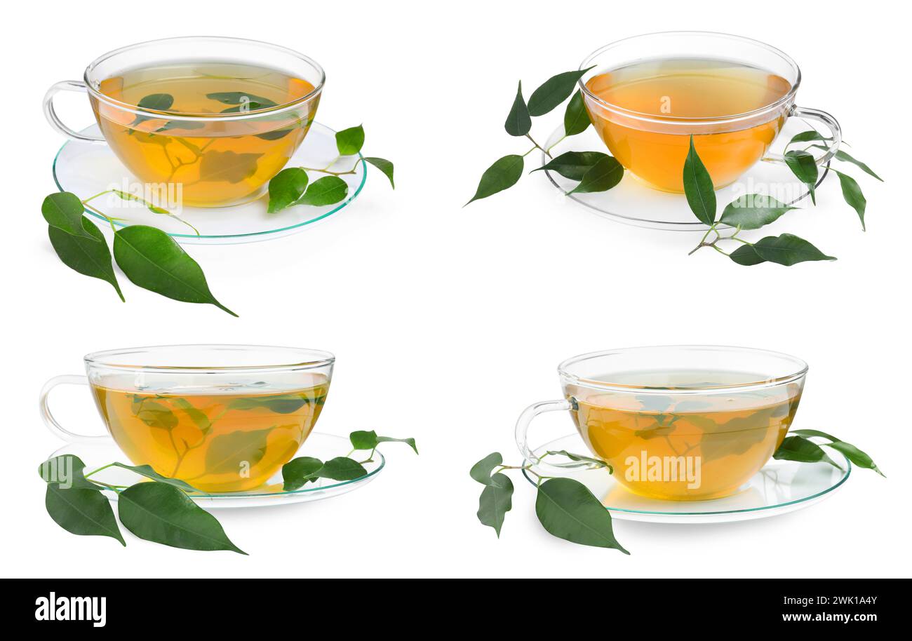 Green tea in glass cups and leaves isolated on white, set Stock Photo ...