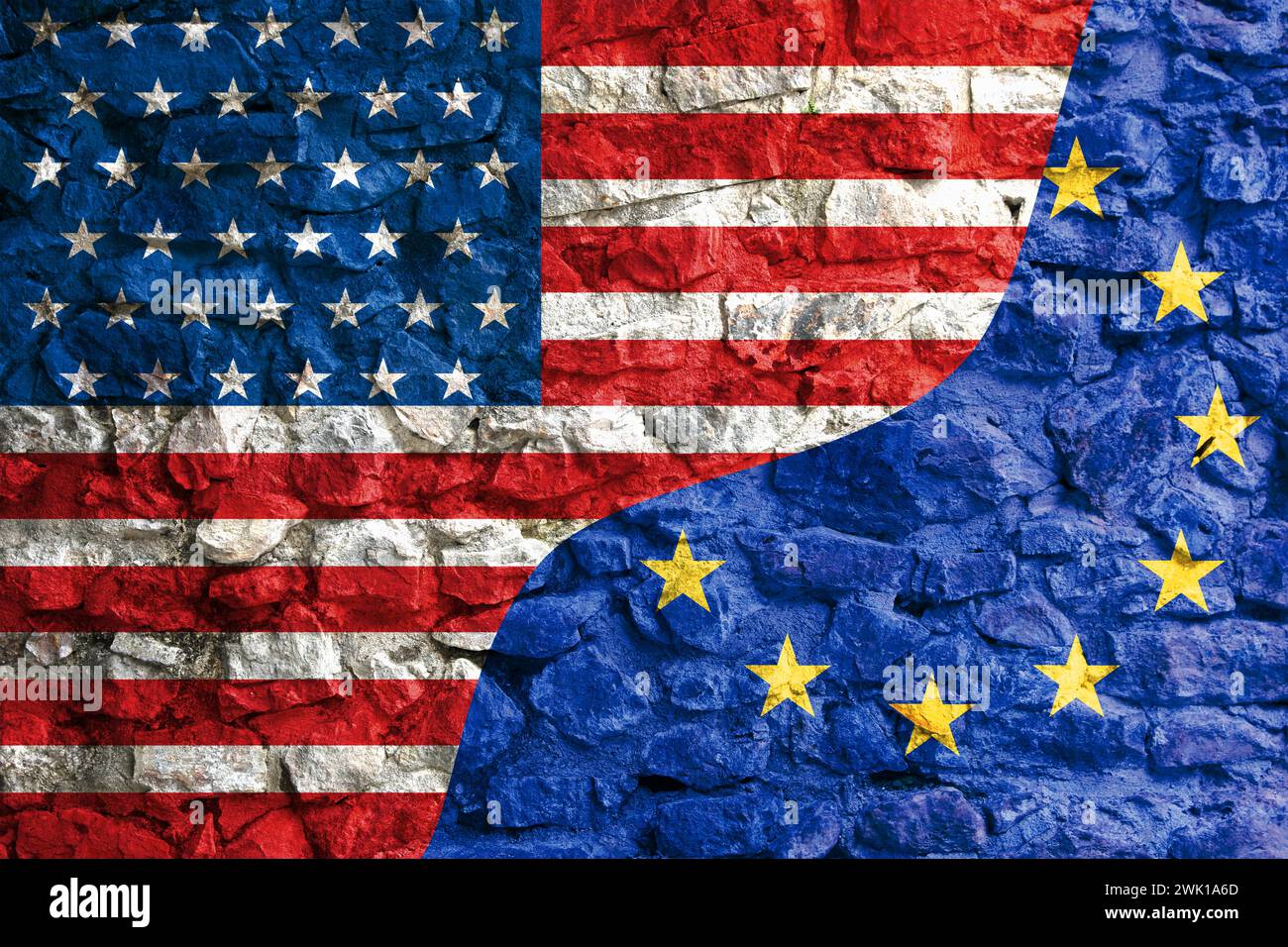 Flags of USA and European Union on stone wall. International diplomatic ...