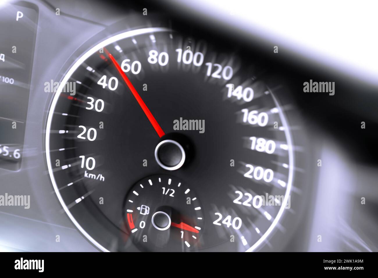 Speedometer on car dashboard, closeup. Motion blur effect Stock Photo ...