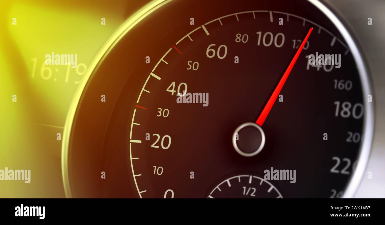Speedometer on car dashboard under yellow light, closeup. Banner design ...