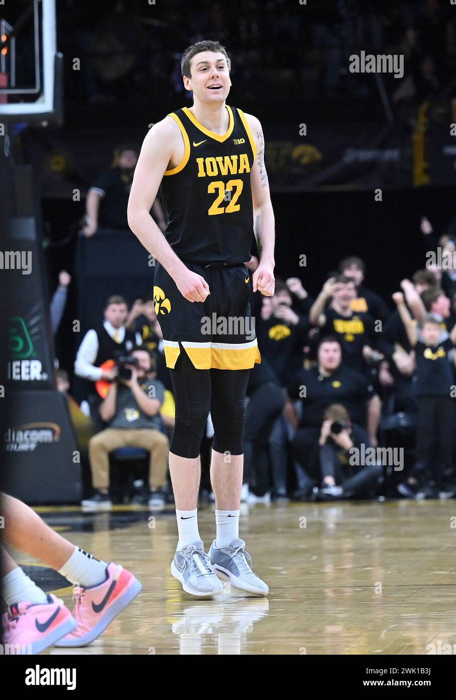 IOWA CITY, IA - FEBRUARY 17: Iowa forward Patrick McCaffery (22) reacts ...