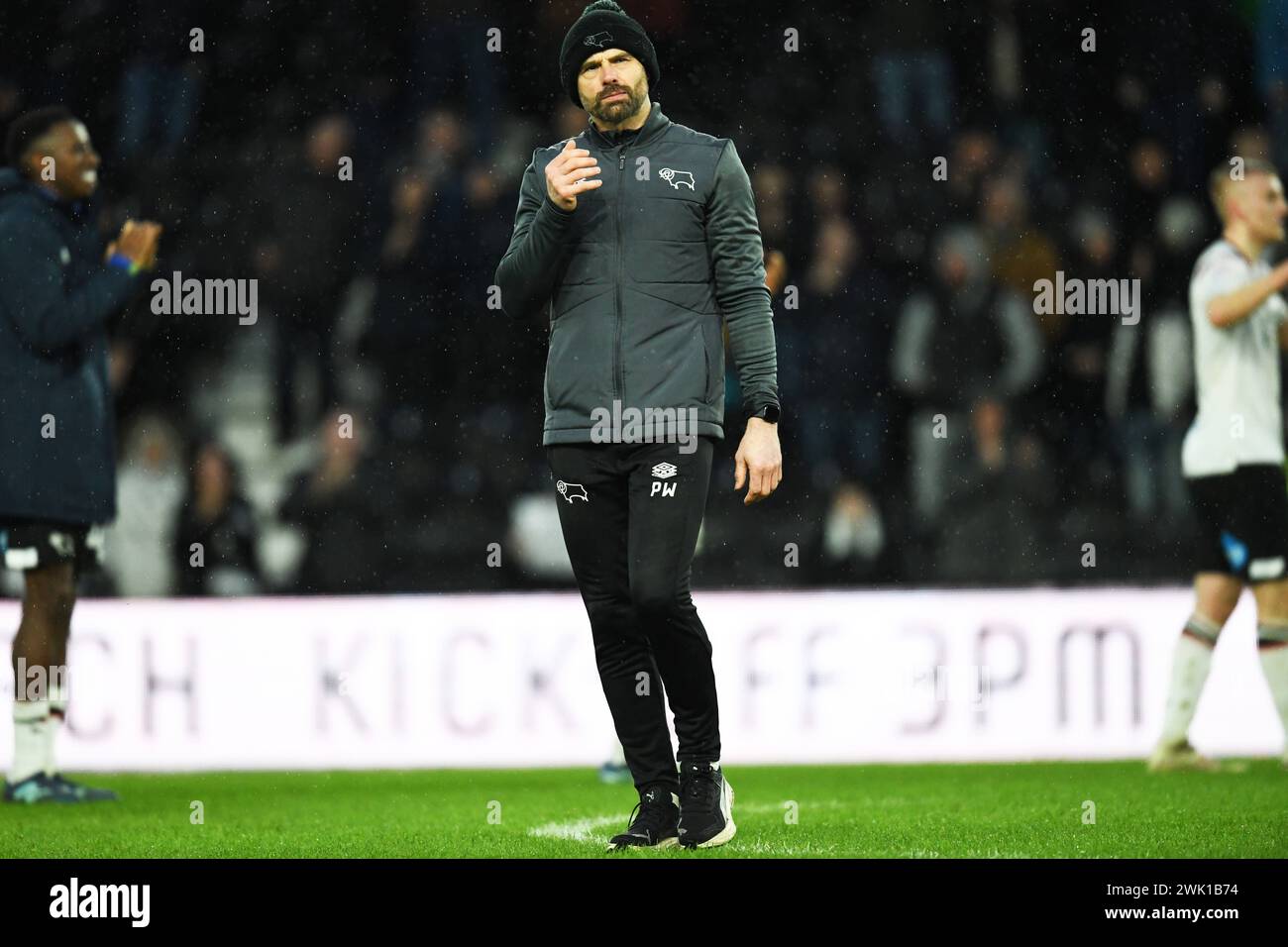 Derby, UK. 17th Feb, 2024. Derby County Manager Paul Warne celebrates ...
