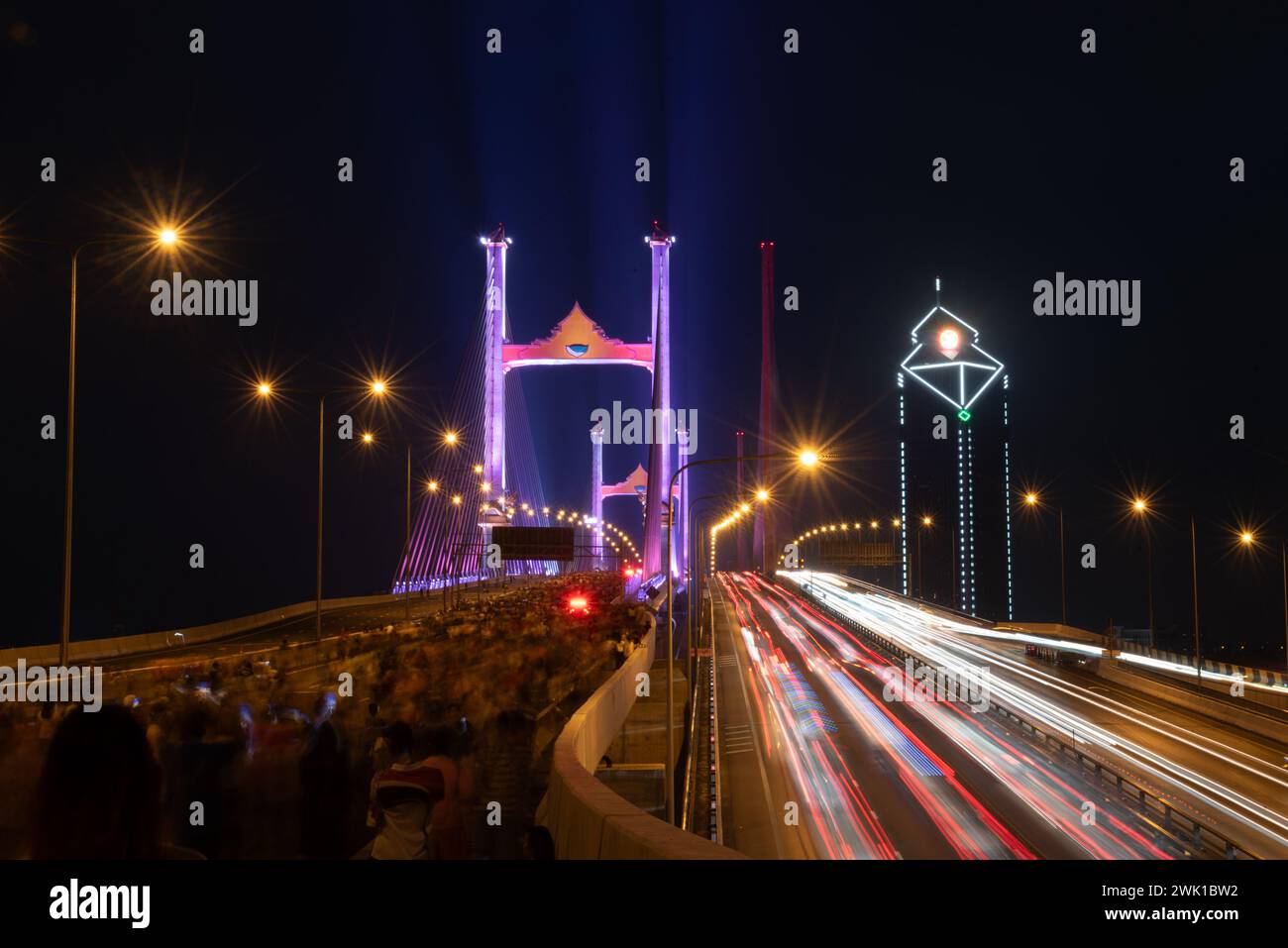 Bangkok, Thailand. 17th Feb, 2024. Night lights of "The parallel bridge ...
