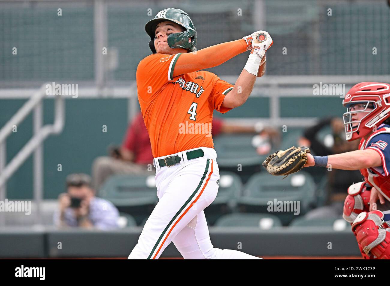 CORAL GABLES, FL - FEBRUARY 17: Miami infielder Blake Cyr (4) hits a ...
