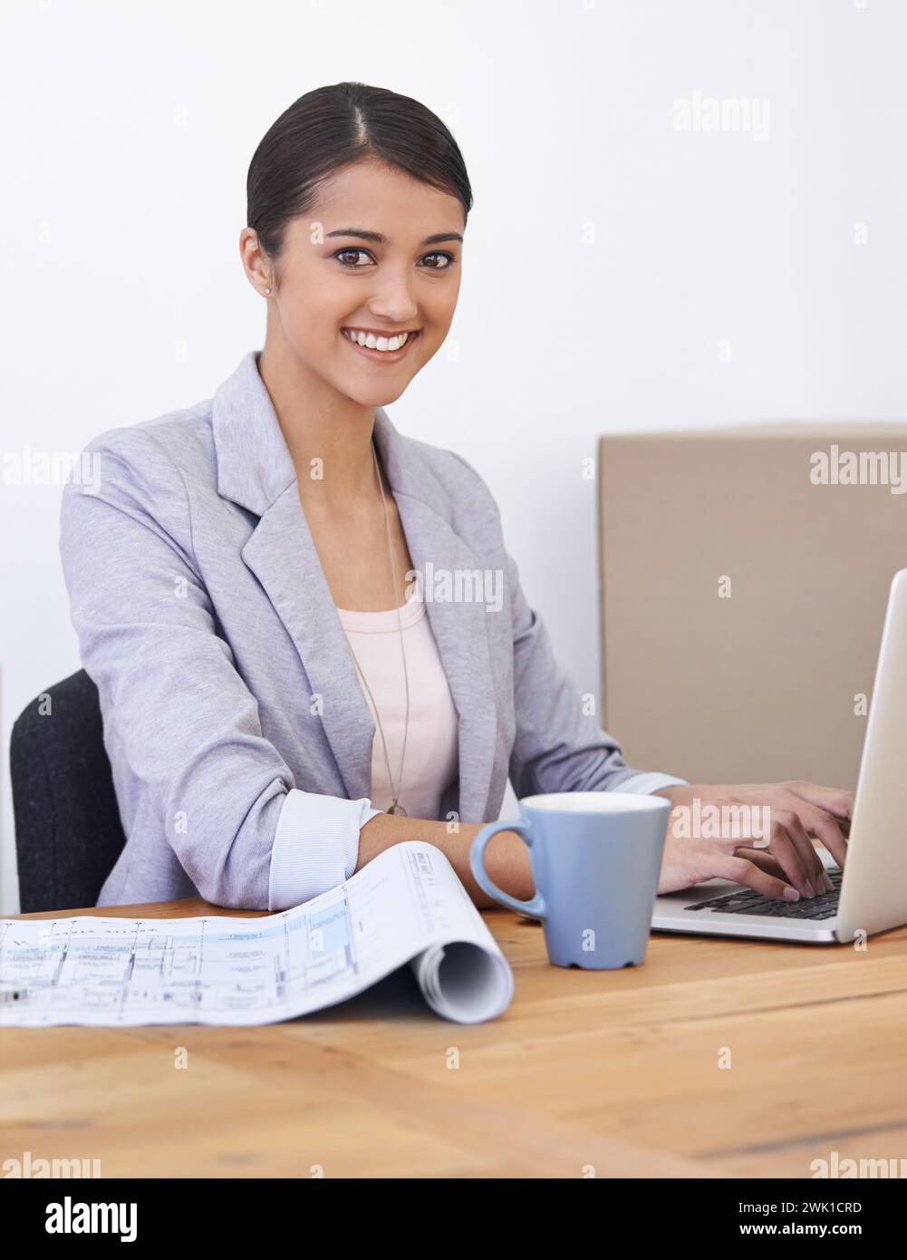Architecture, laptop or portrait of business woman in office for ...