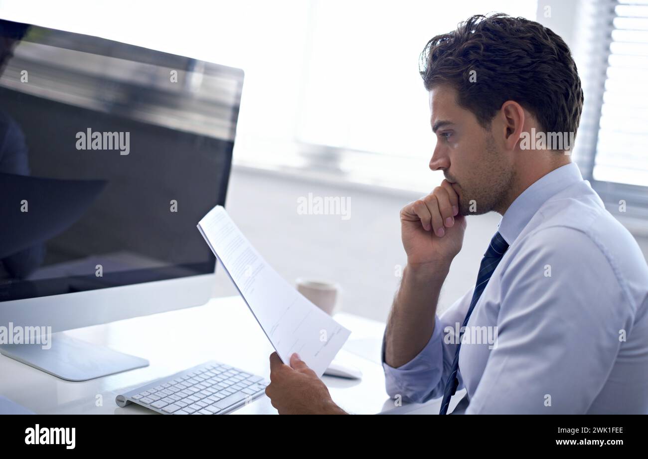 Human resources, man and office with contract for review, agreement and ...