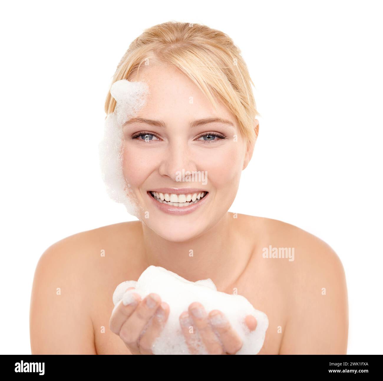 Woman, portrait and soap on face for skincare with glycerine, peptides ...