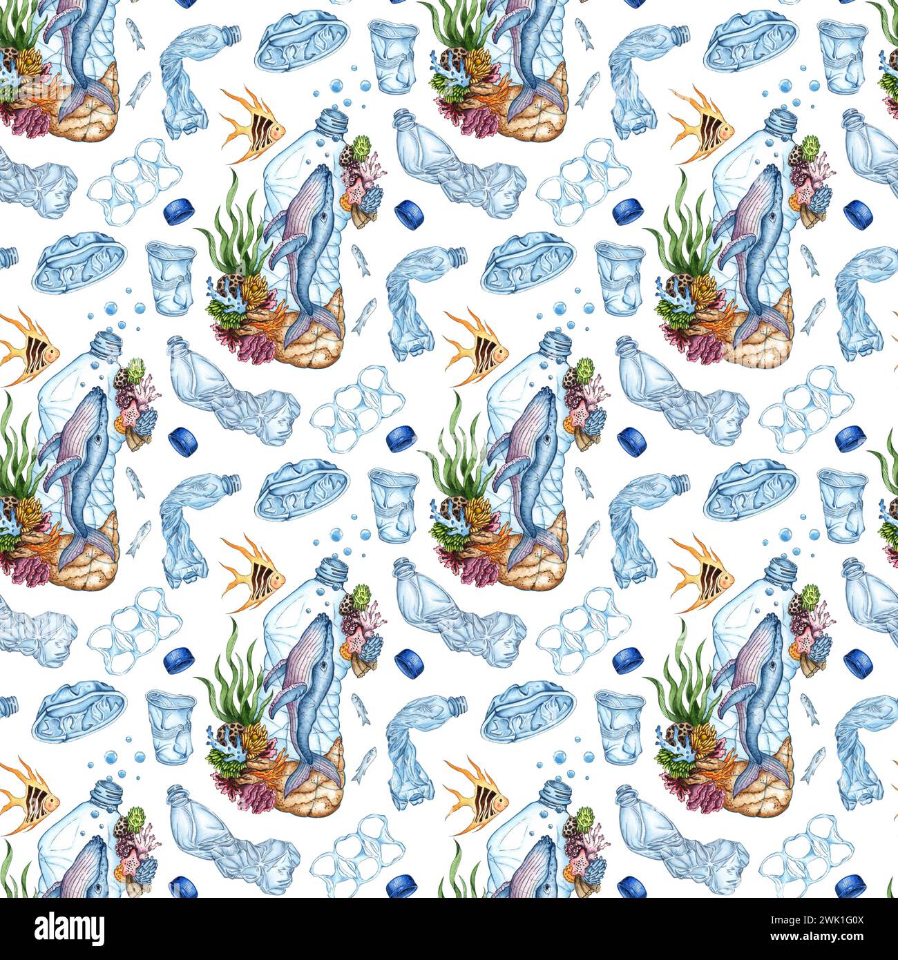 Watercolor illustration pattern whale in bottle and plastic trash ...