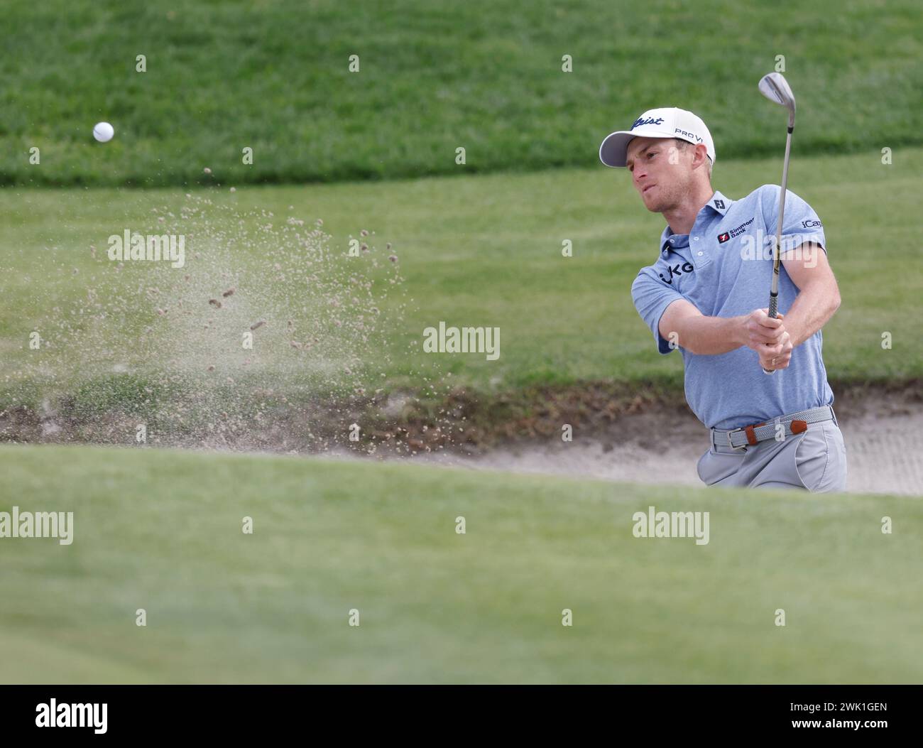 February 17, 2024 Will Zalantoris lines up a putt hits out of a bunker ...