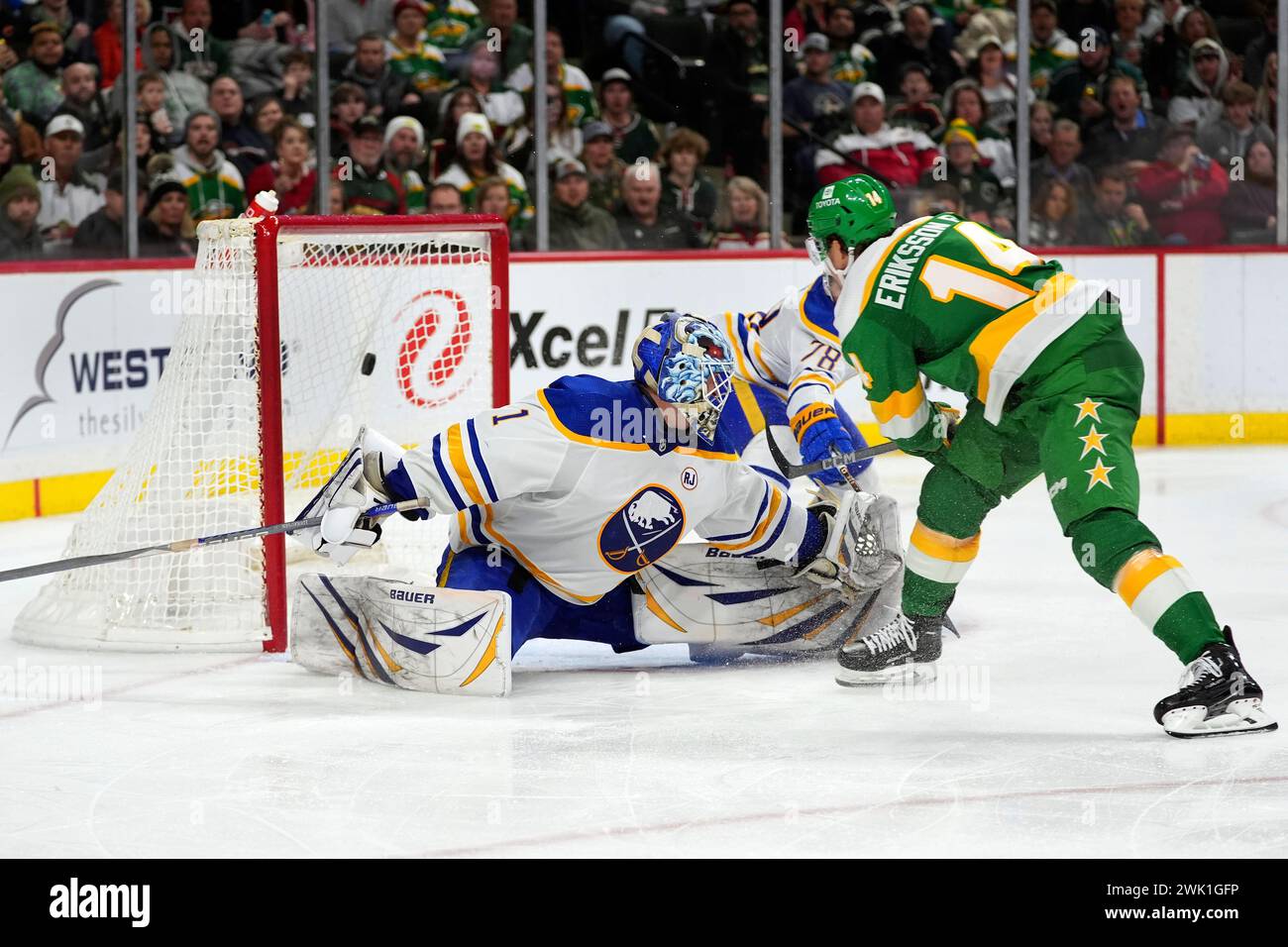 Minnesota Wild center Joel Eriksson Ek (14) scores a goal past Buffalo ...