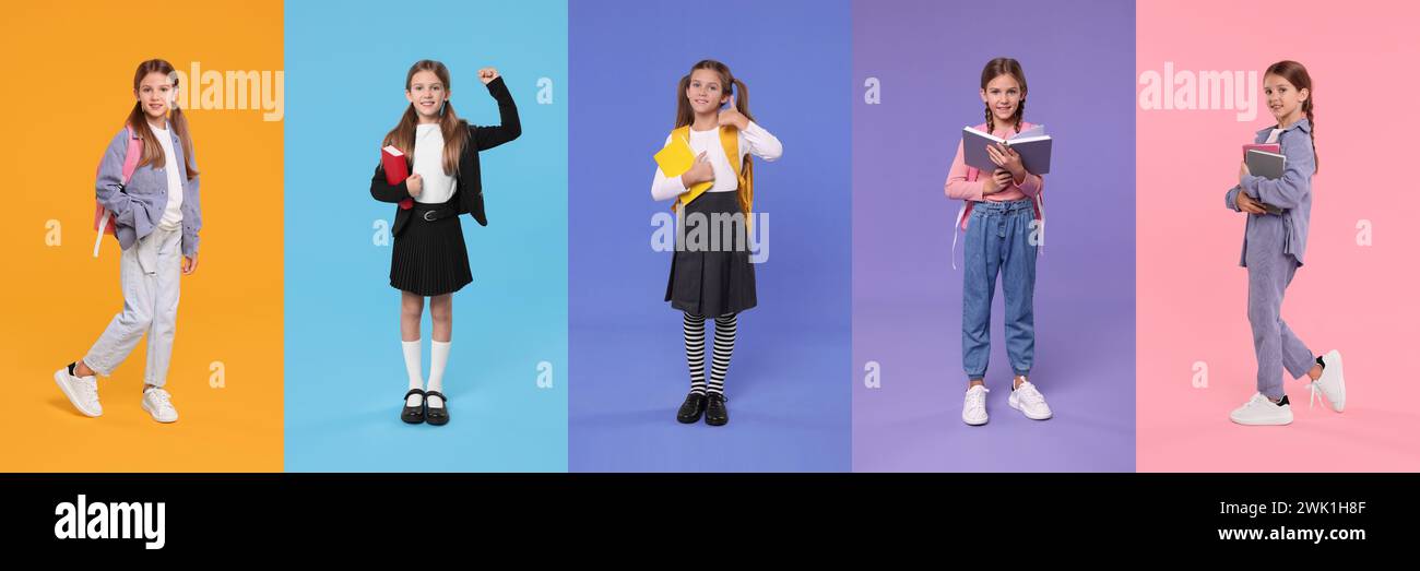 Schoolgirl on color backgrounds, set of photos Stock Photo - Alamy