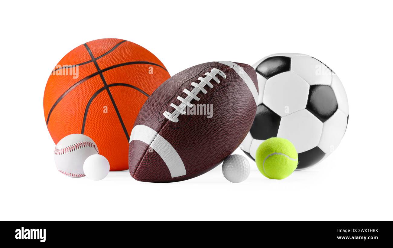 Many different sports balls isolated on white Stock Photo - Alamy