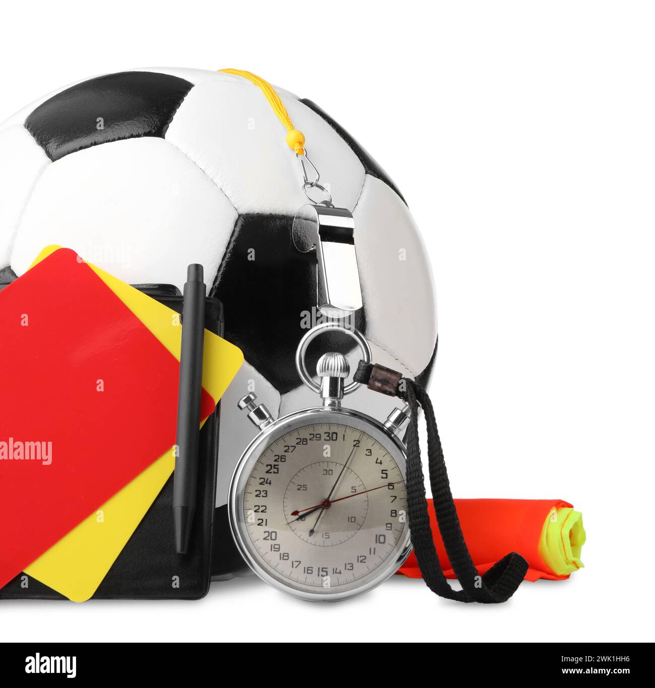 Football referee equipment. Soccer ball, flag, stopwatch, cards and ...