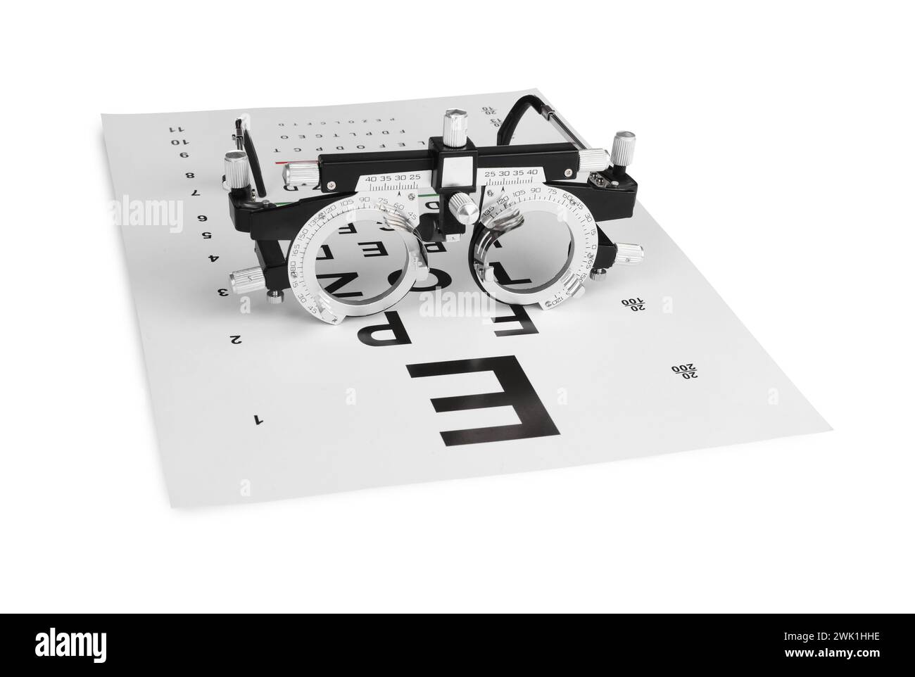 Trial frame and vision test chart isolated on white Stock Photo - Alamy