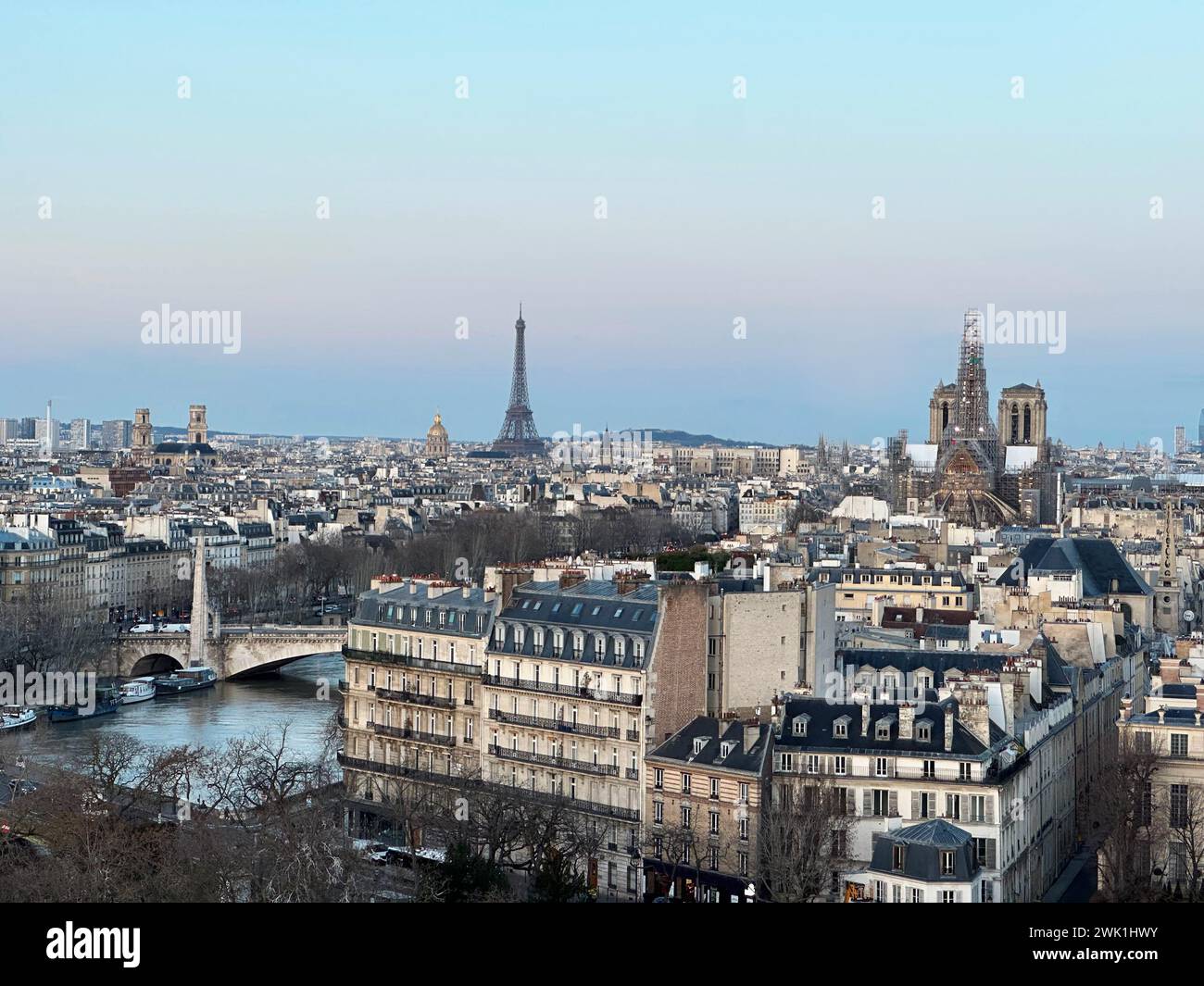Beautiful buildings, Eiffel tower and river in Paris, view from hotel ...