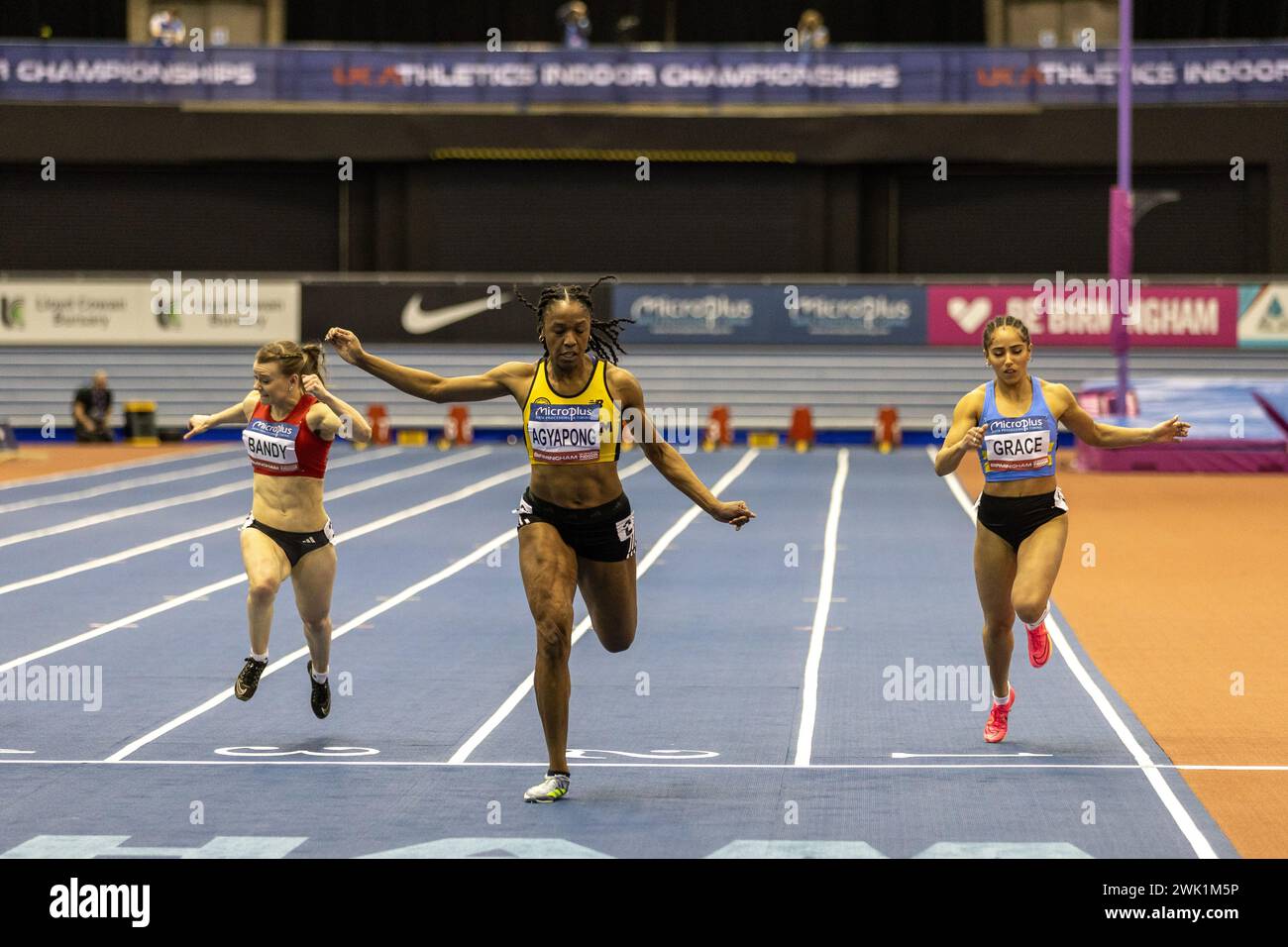 Birmingham, 17 February 2024, 60m Women Heats- Ellie-Mae Bandy, Finette Agyapong and Serena ...