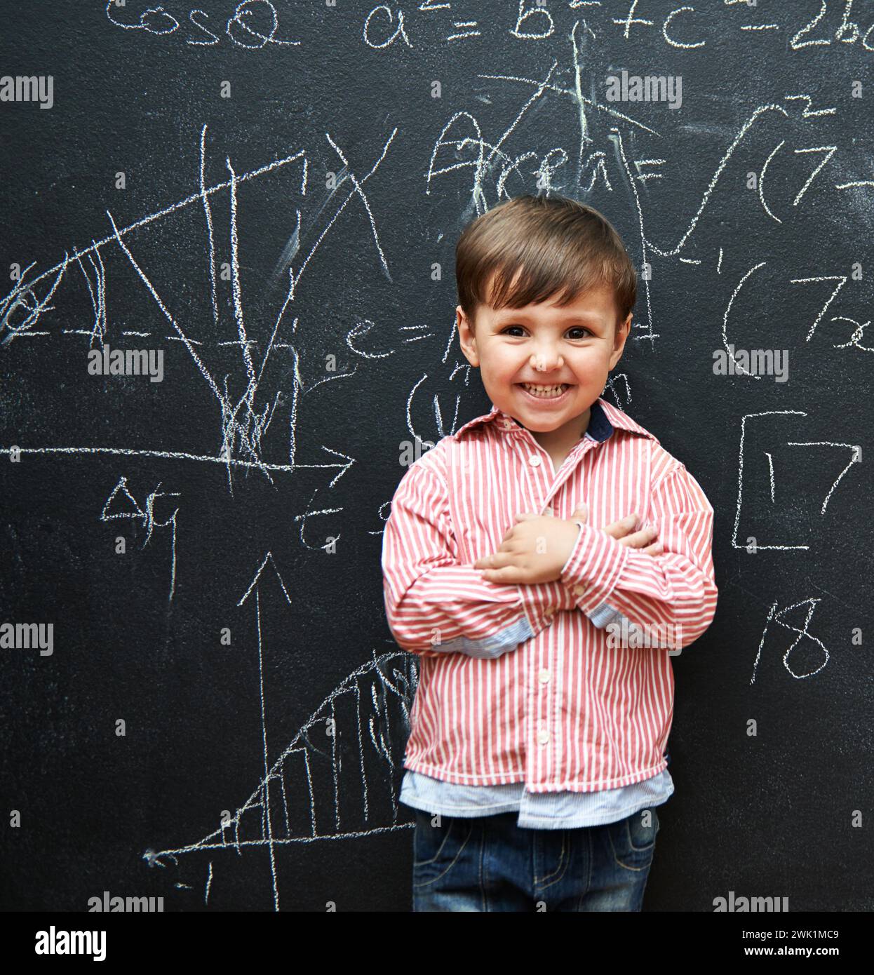 Child, boy and portrait with math by blackboard with equations, happy ...