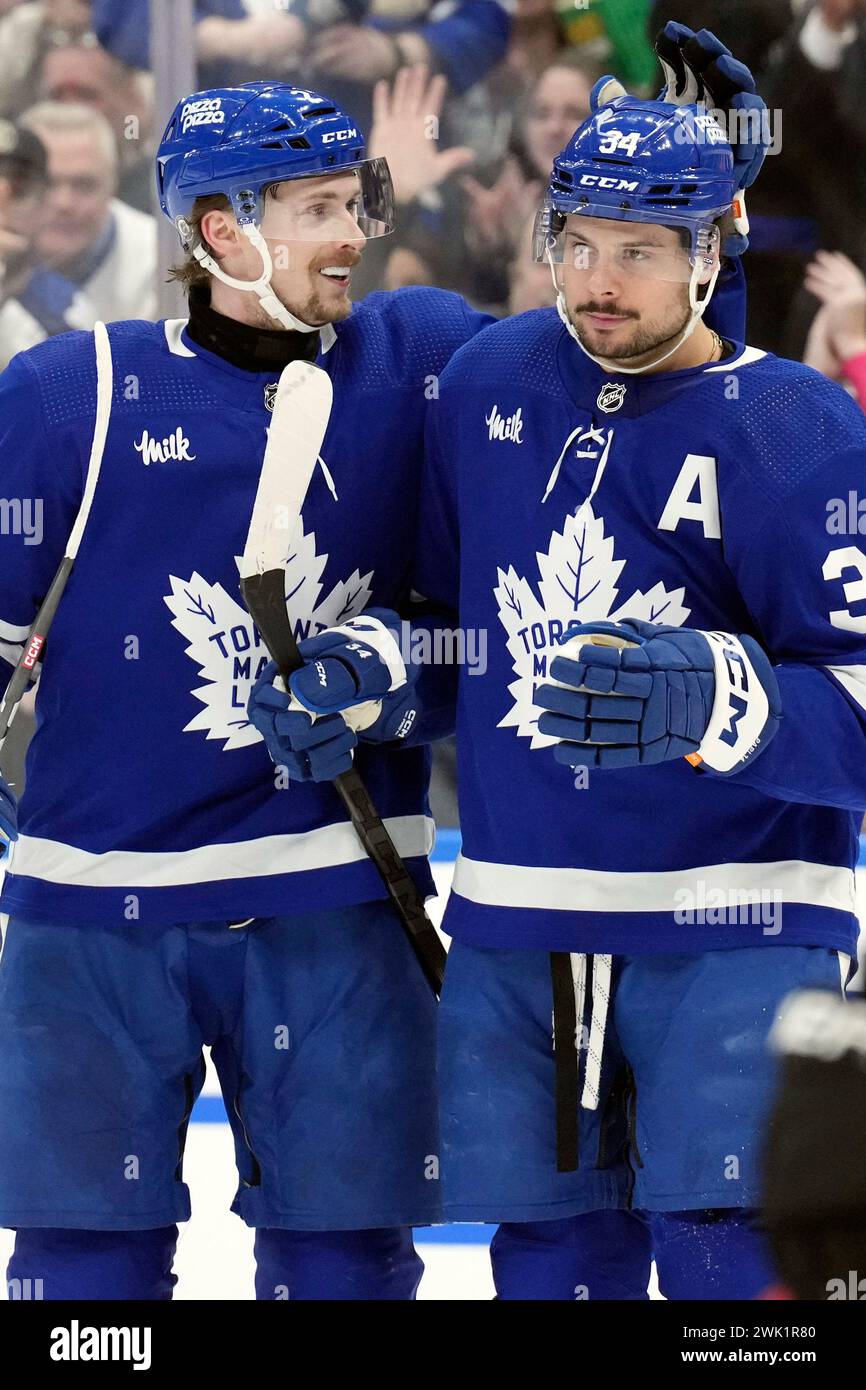 Toronto Maple Leafs' Auston Matthews, right, is congratulated by Simon ...