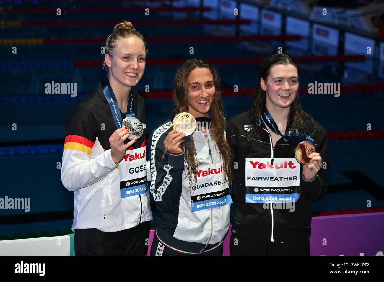 Doha, Qatar. 17th Feb, 2024. Gold medalist Simona Quadarella (C) of ...