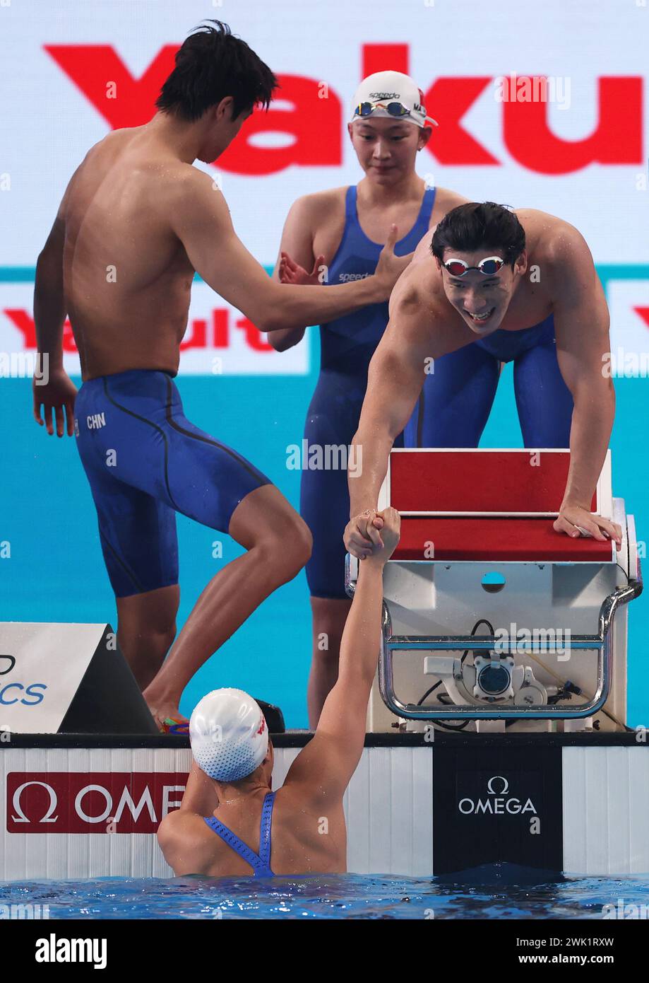 Doha, Qatar. 17th Feb, 2024. Pan Zhanle (top L), Wang Haoyu (top R), Li ...