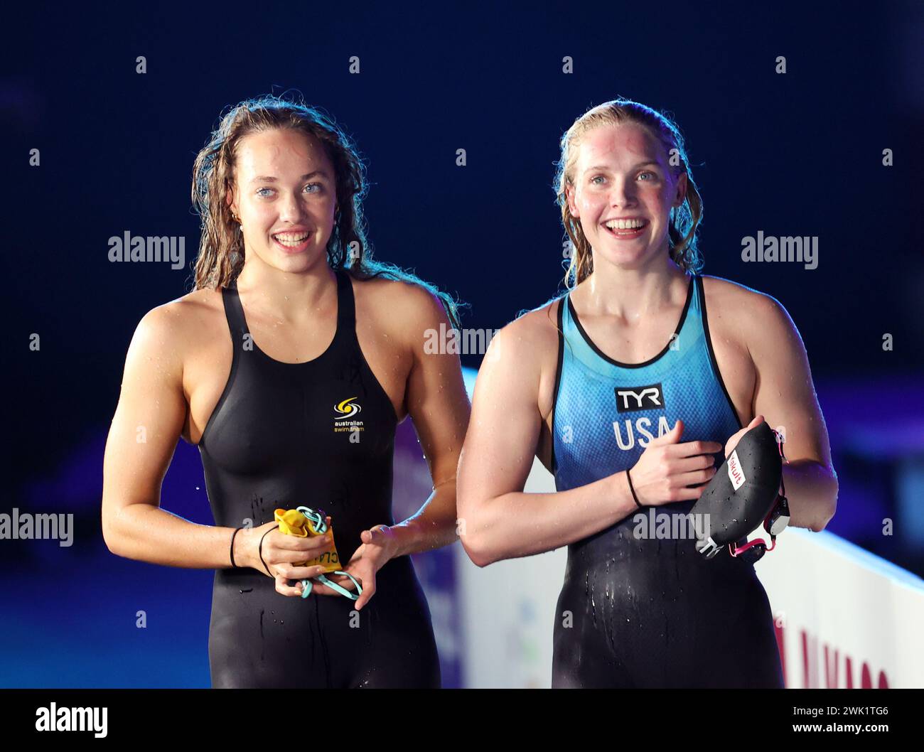 Doha, Qatar. 17th Feb, 2024. Claire Curzan (R) of the United States and ...