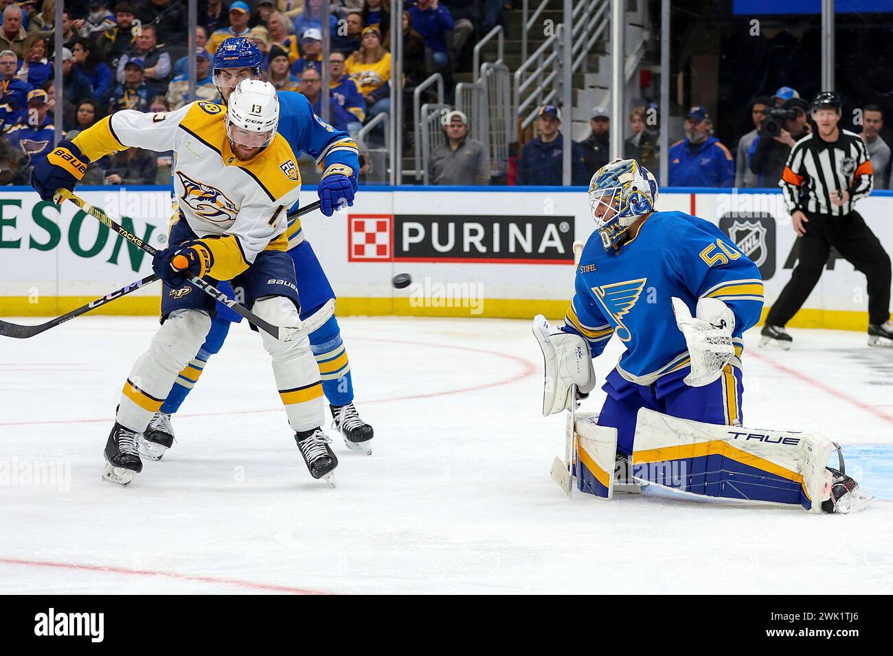 St. Louis Blues goaltender Jordan Binnington (50) defends against ...