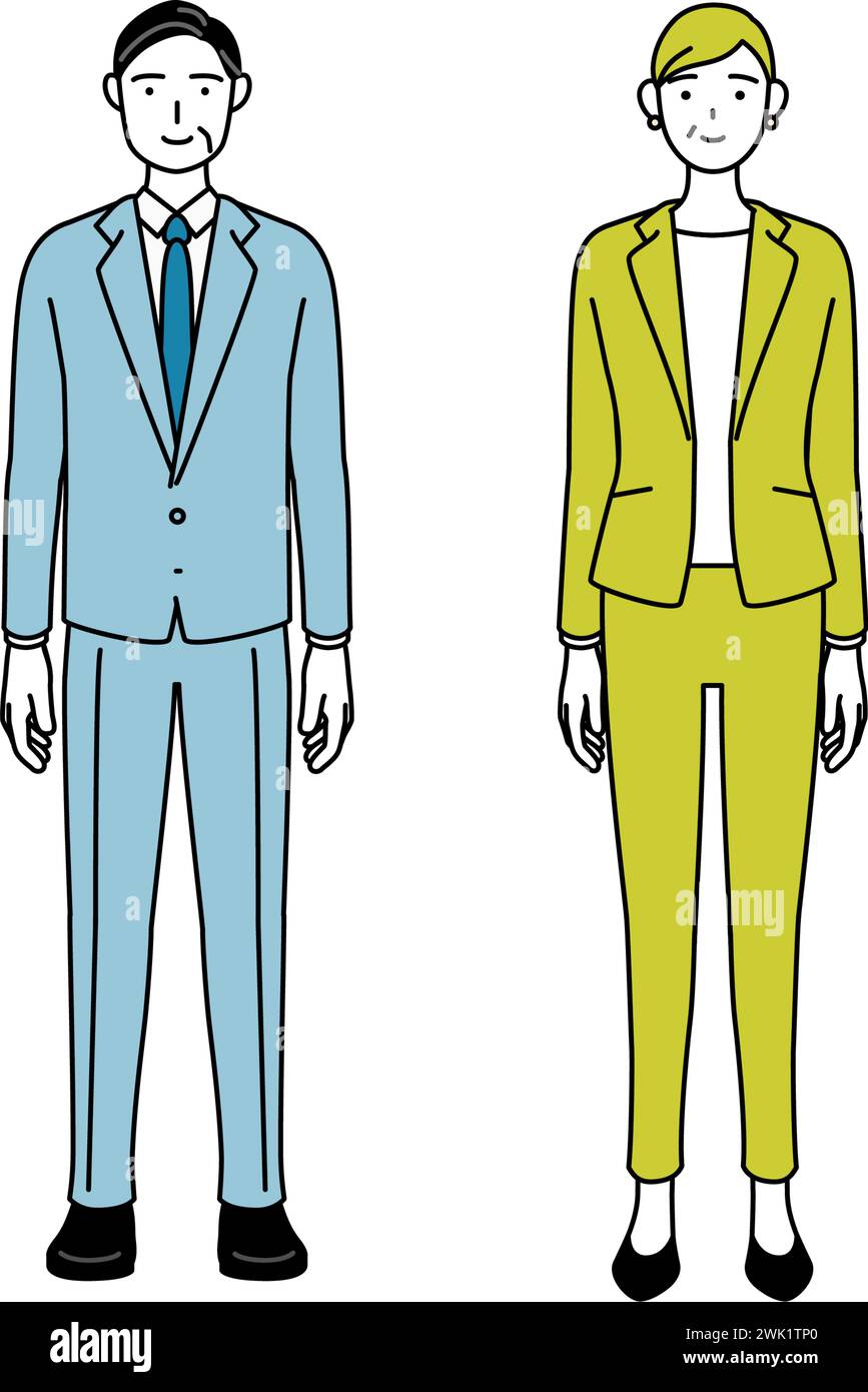 Simple line drawing illustration of a man and a woman (senior ...