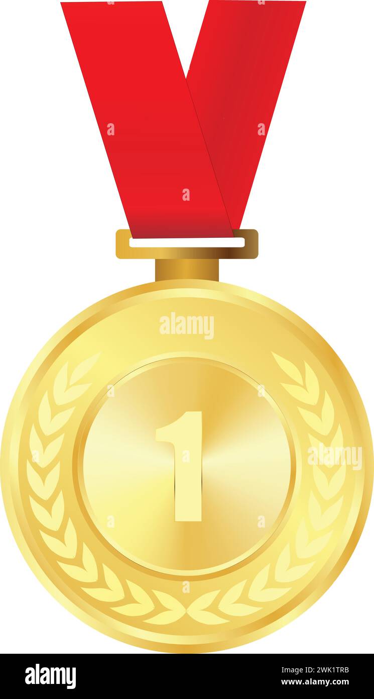 Realistic Gold Medal with red ribbon Vector, 1st Golden Award, 1st ...