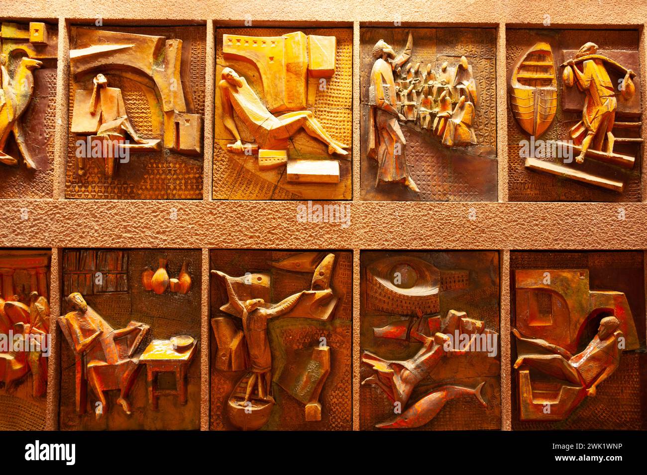 Rome Italy - May 22 2011; Panel of separate depictions of religious art ...