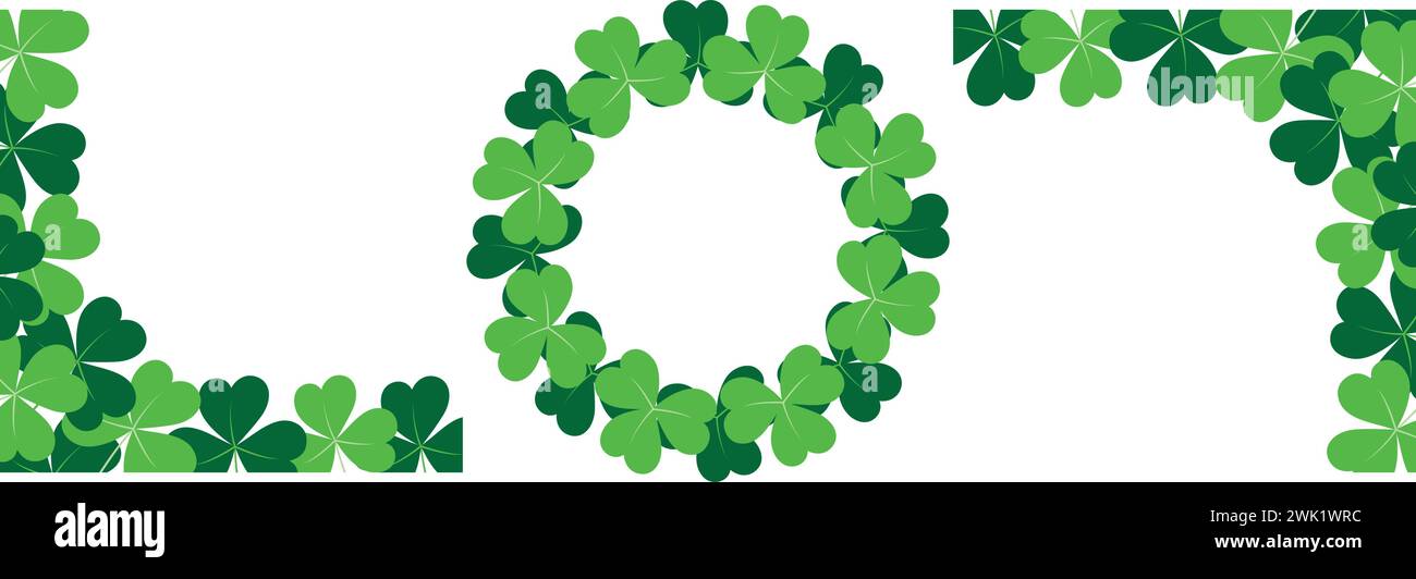 Set of 3 abstract shamrock frame corner with top and bottom border and ...