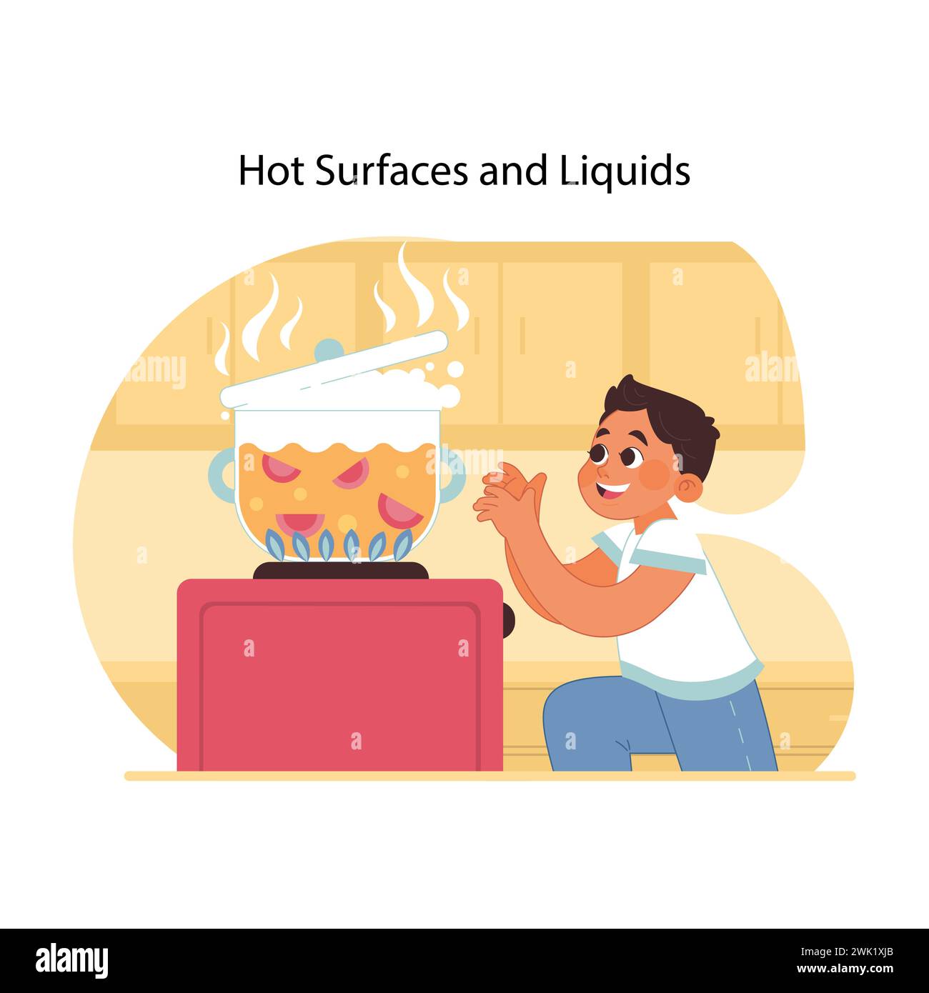 Burn prevention guide. Smiling surprised little boy ready to touch pot ...