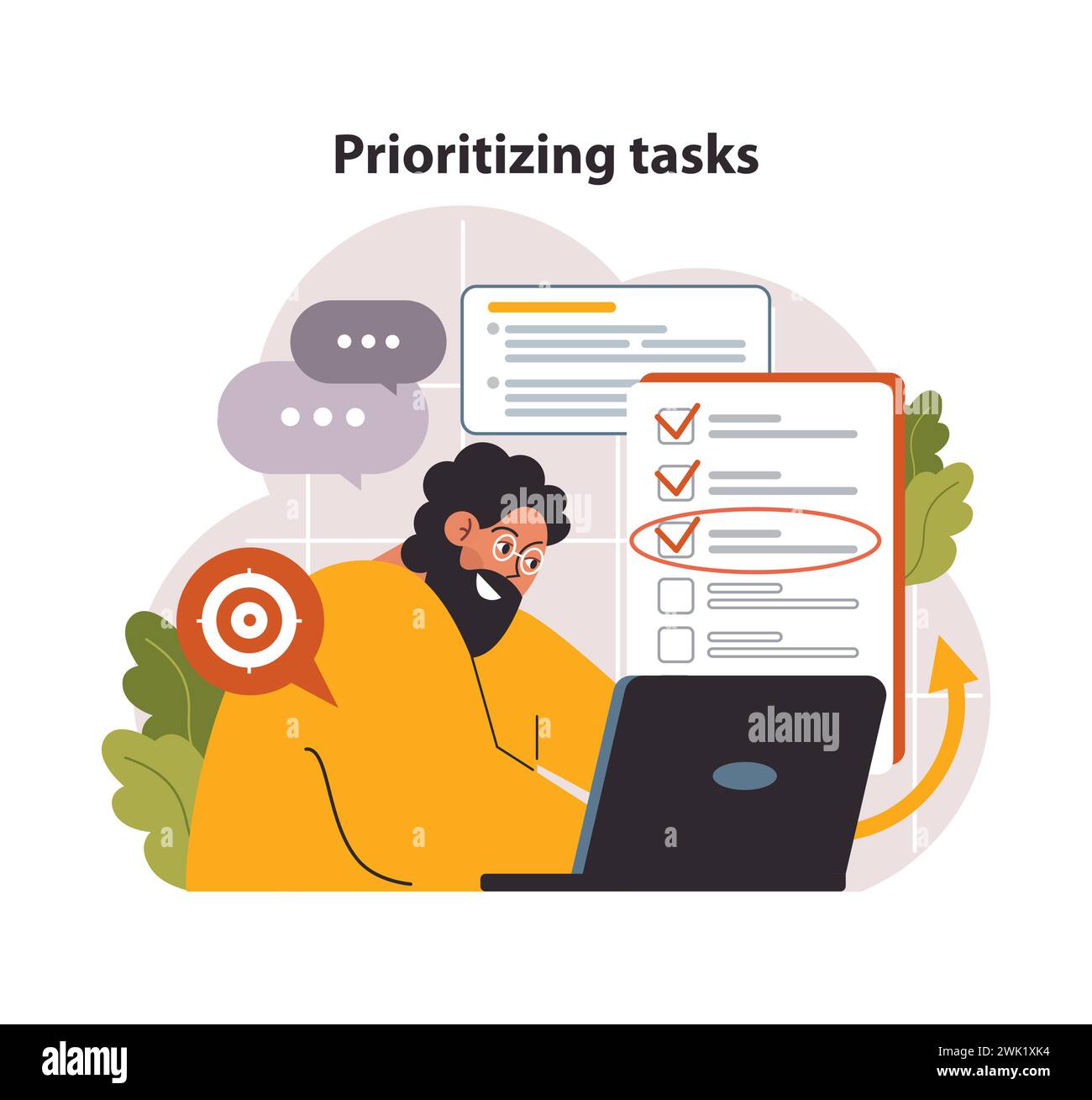 Prioritizing tasks concept. Focused man at laptop, highlighting ... Prioritizing tasks concept. Focused man at laptop, highlighting ...