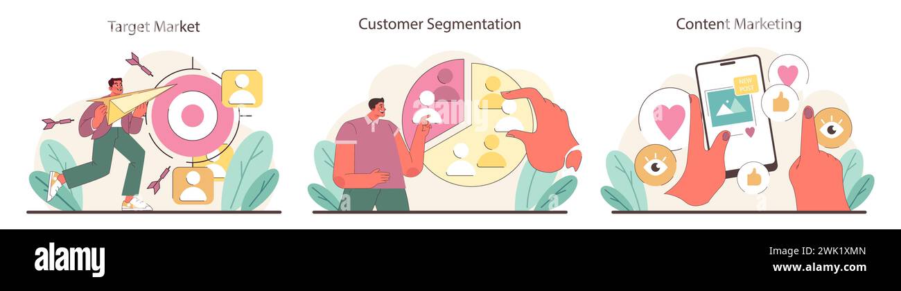 Marketing Strategies set. Visual scenarios of targeting, segmenting ...