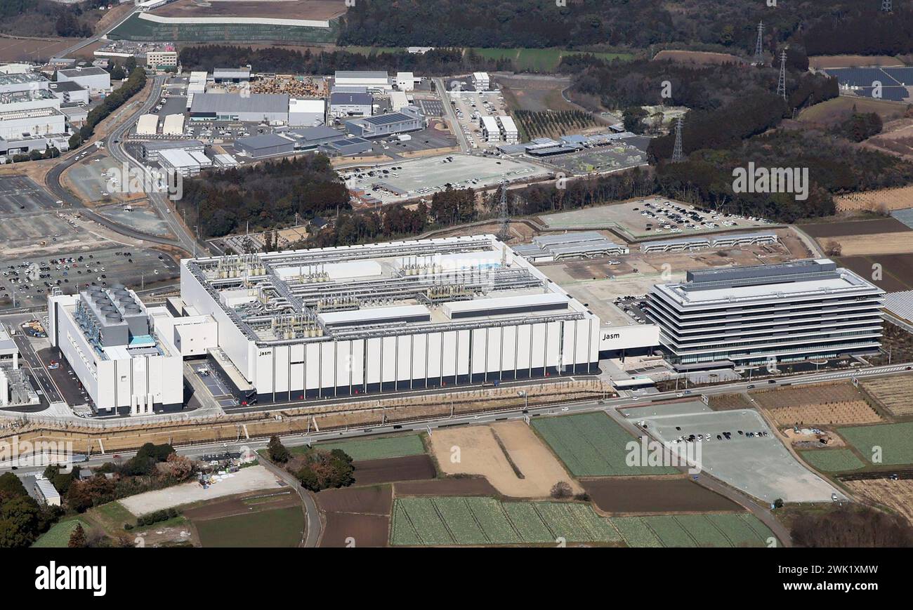 An aerial photo shows a semiconductor factory of TSMC (Taiwan ...
