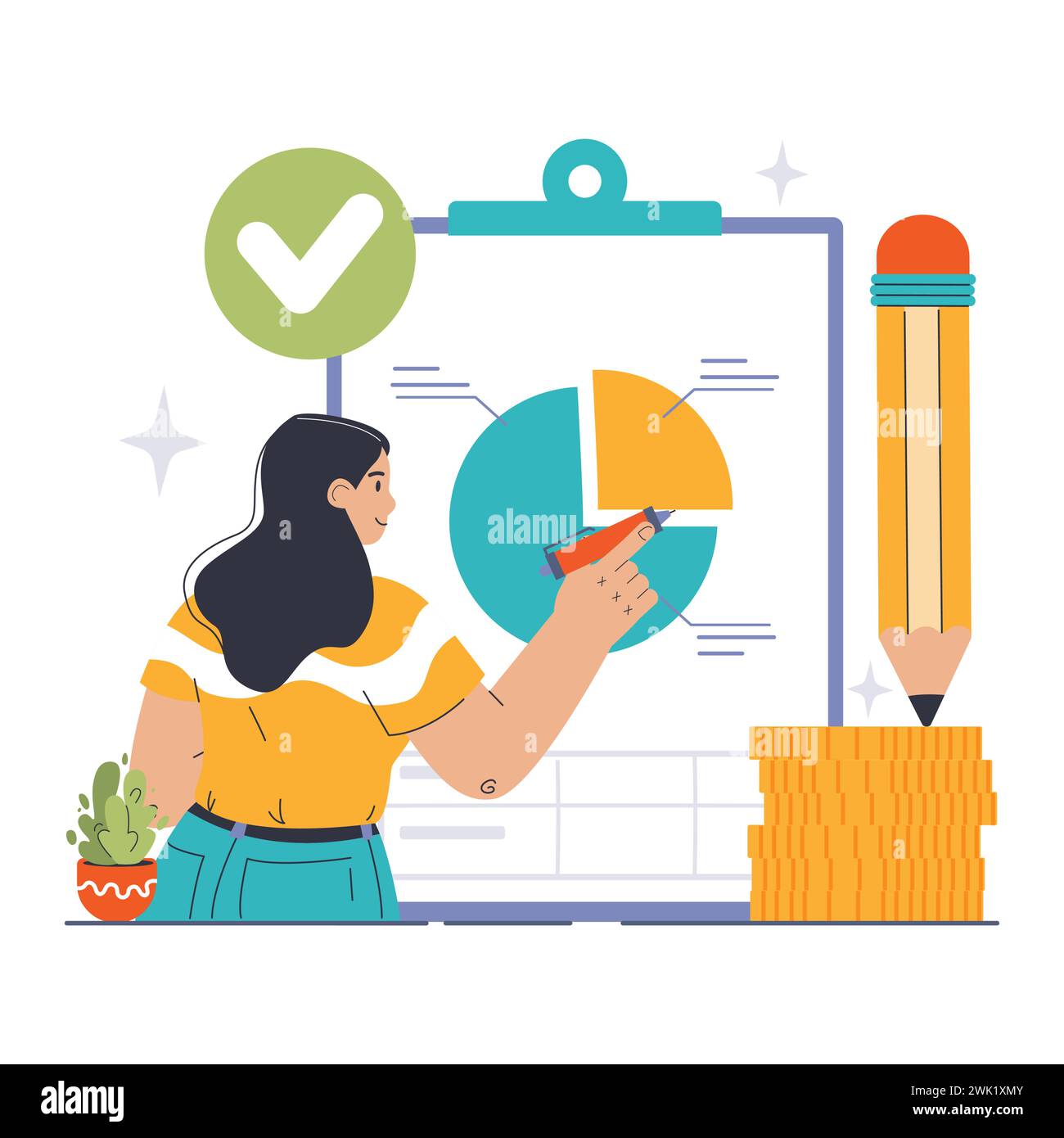 Audit Report concept. Confident woman annotates a vibrant pie chart ...