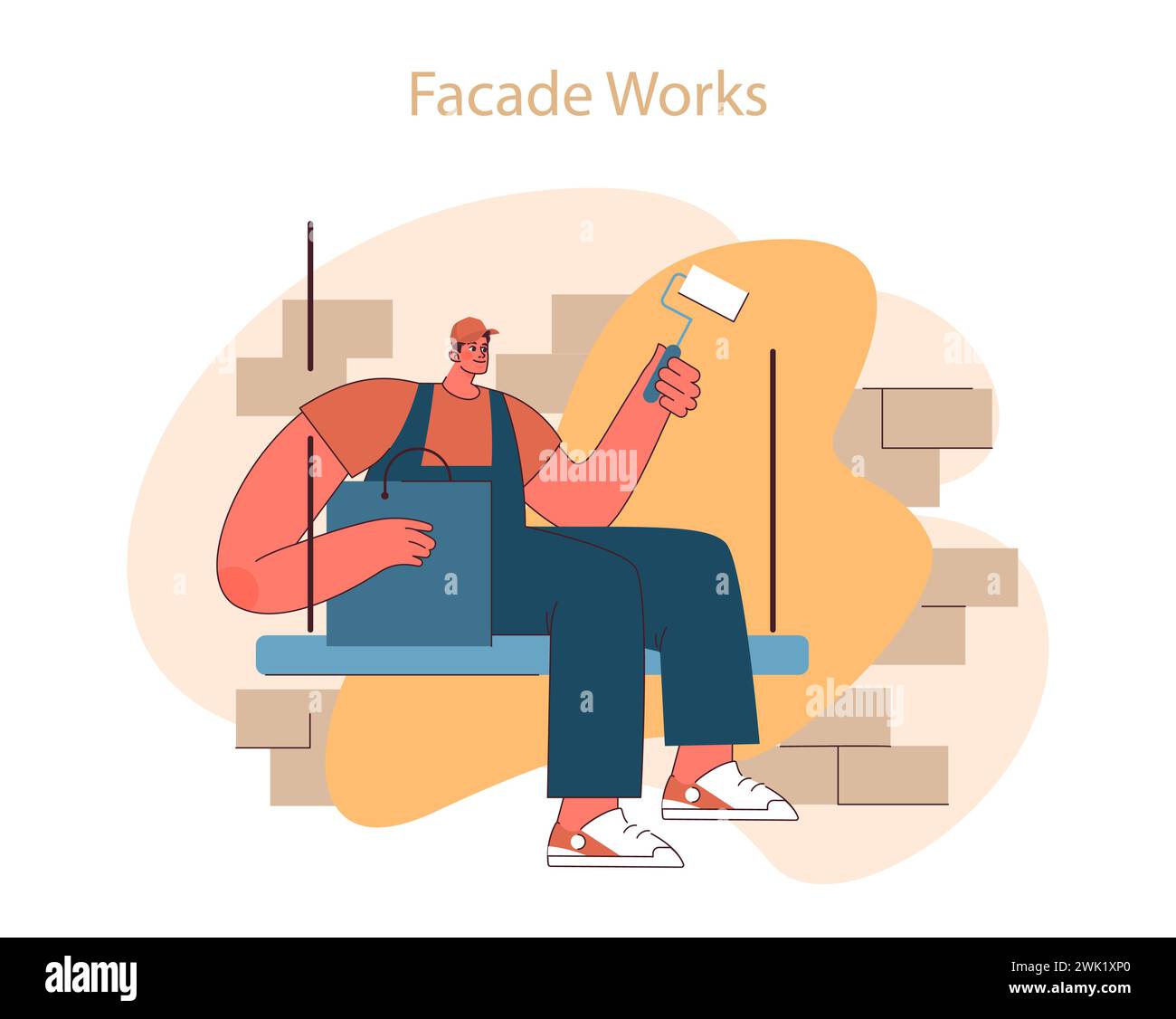 Facade works. A painter applying fresh coat to exterior walls ...