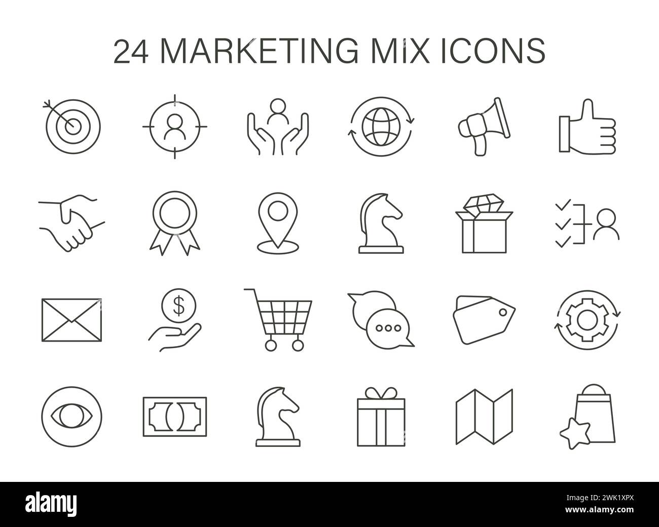 Marketing Mix icon set. Symbols represent strategic components like ...