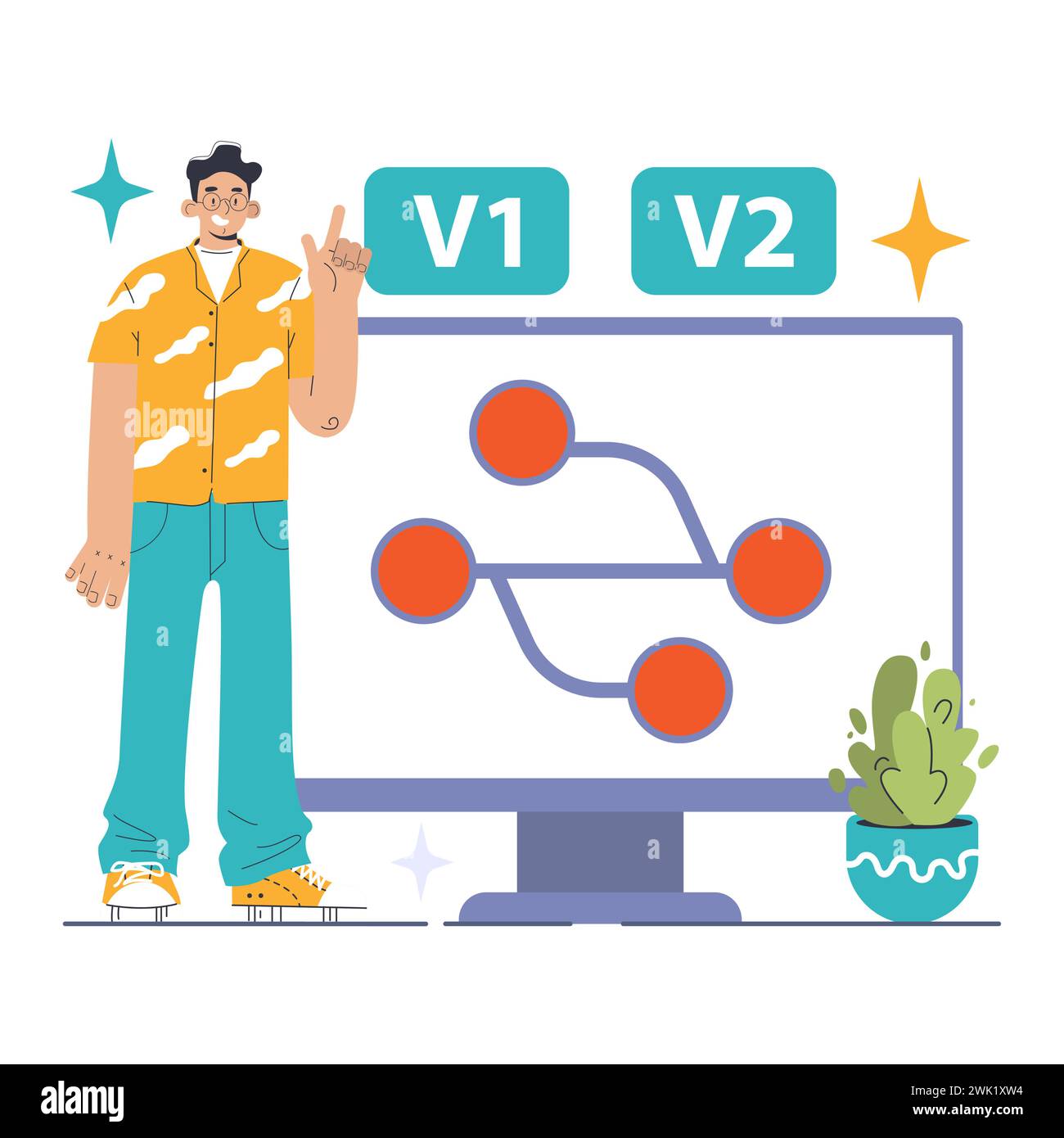 Version Control concept. Trendy developer showcasing progression from ...