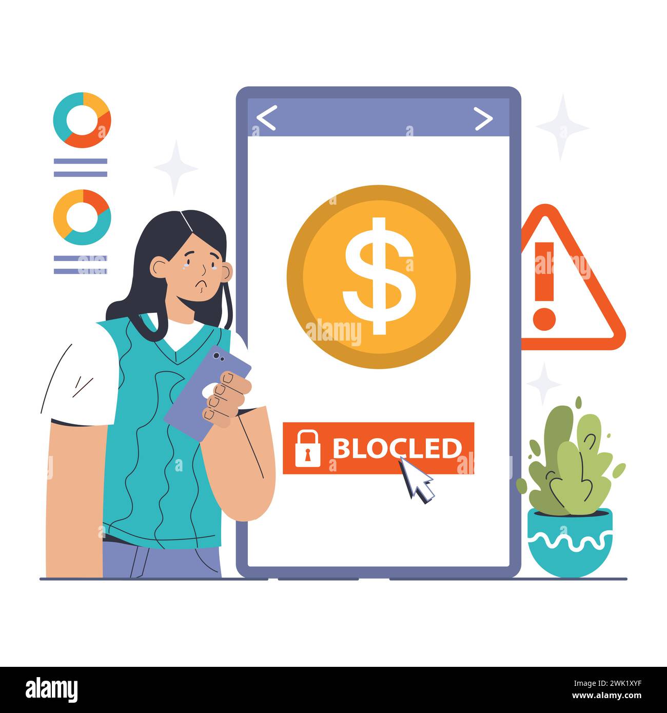 Blocked Account concept. Concerned young woman viewing a warning of a ...