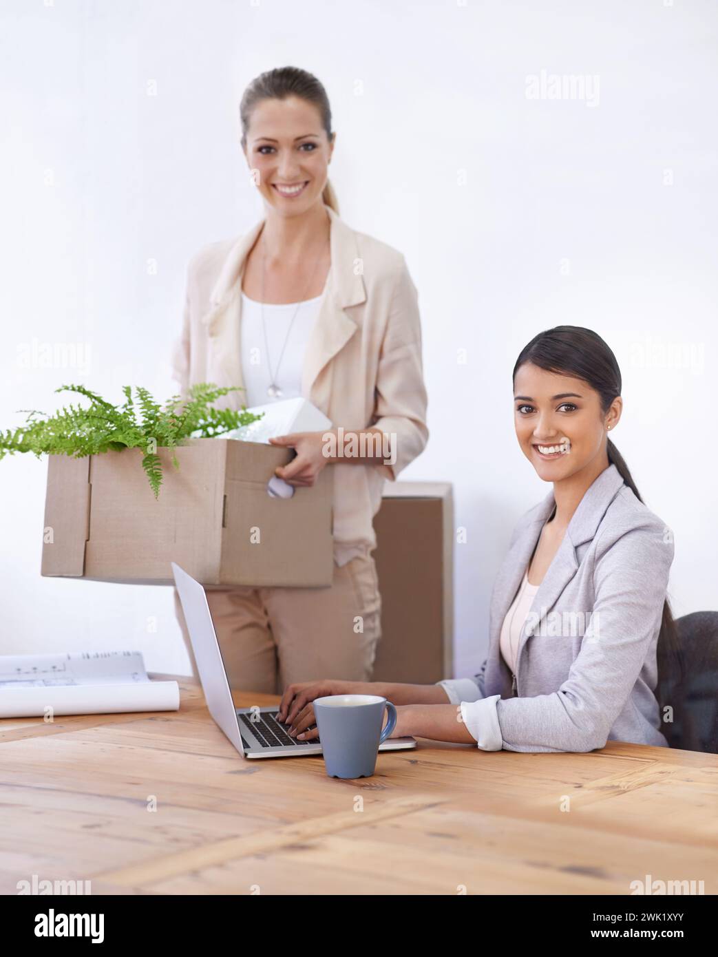 Portrait, women and moving to office with laptop, smile and opportunity ...