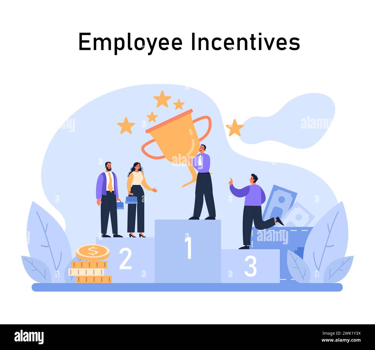 Employee Incentives concept. Professionals standing on podium, earning ... Employee Incentives concept. Professionals standing on podium, earning ...