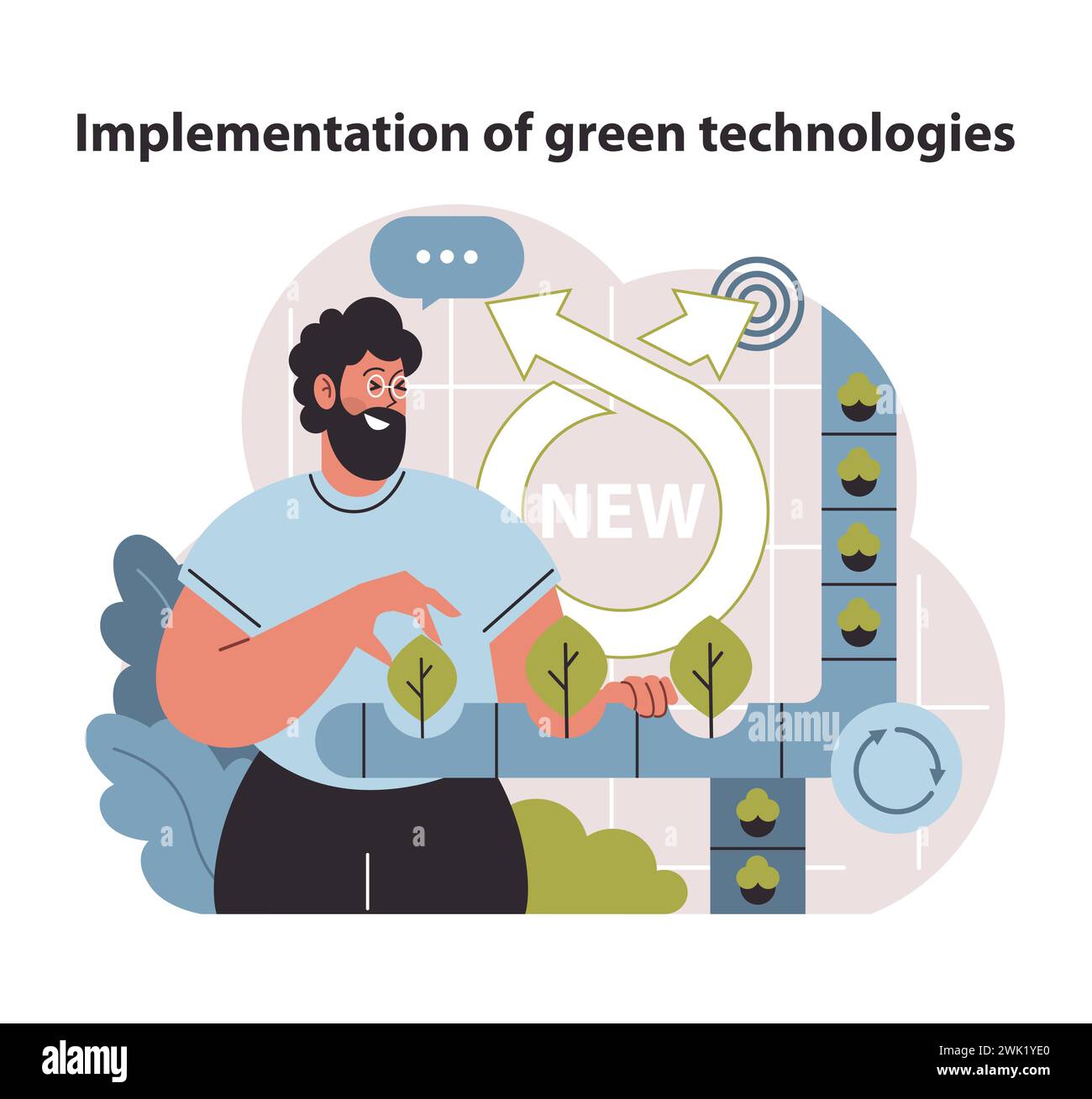 Green technology infusion visual. A man engages with the cycle of ...