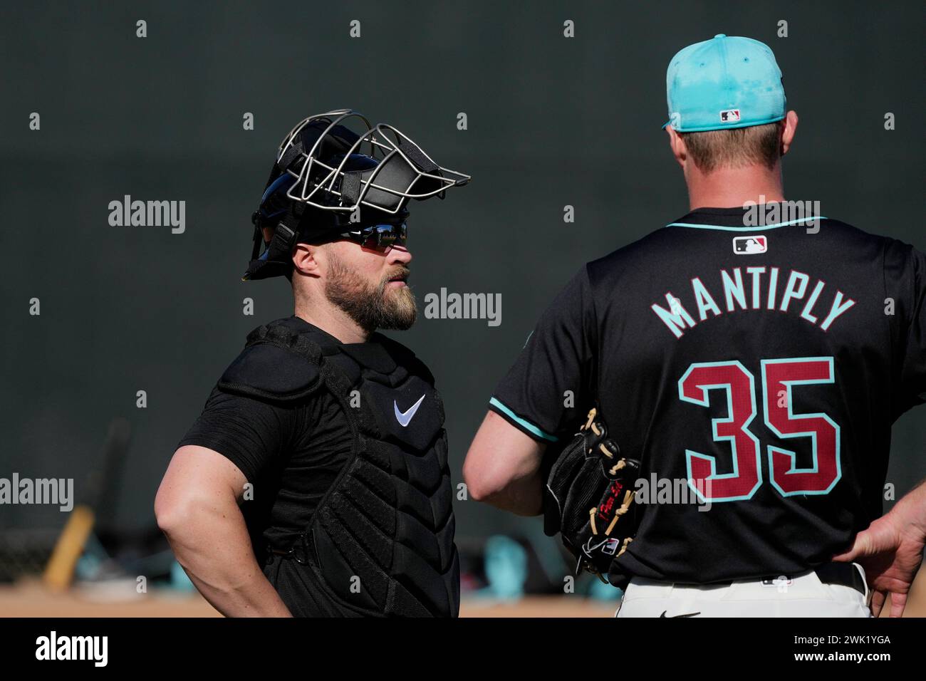 Arizona Diamondbacks catcher Tucker Barnhart, left, talks with ...