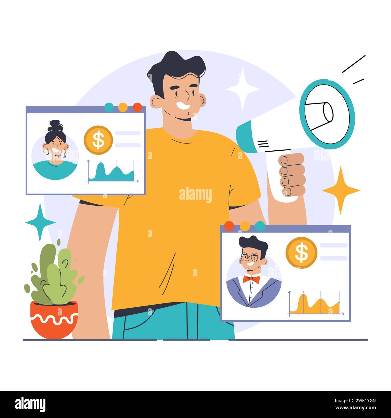 B2B Marketing concept. Engaged marketer presents financial charts ...