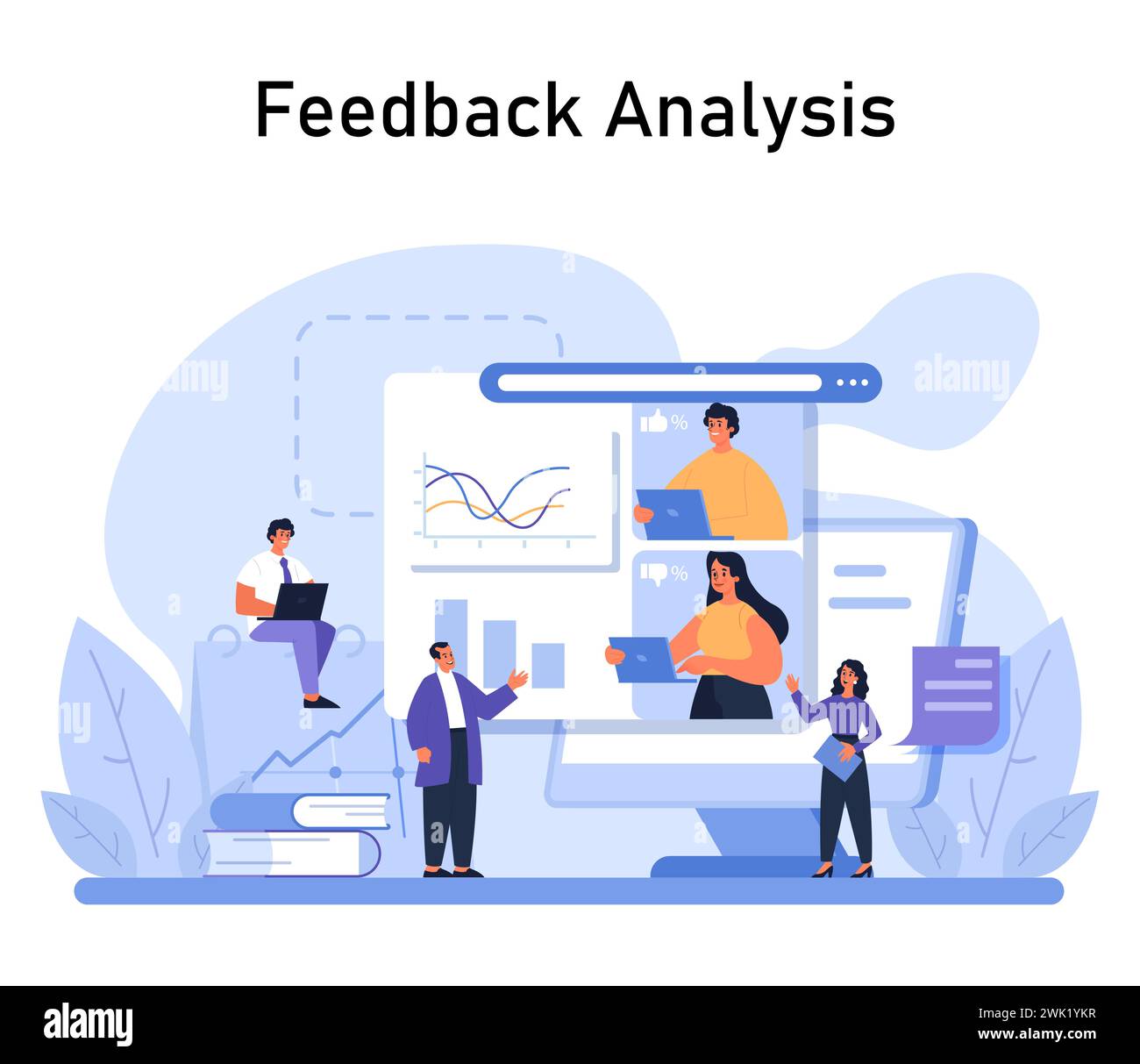 Feedback Analysis concept. A team engages in data-driven performance review using analytics to ...
