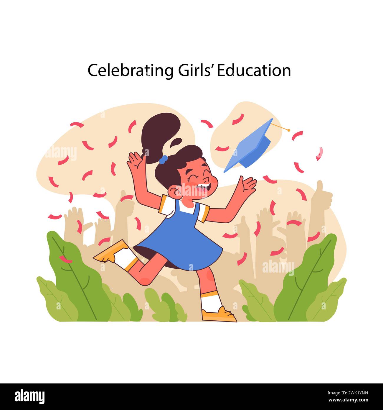 Celebrating girls education concept. Girl leaps with her graduation cap ...
