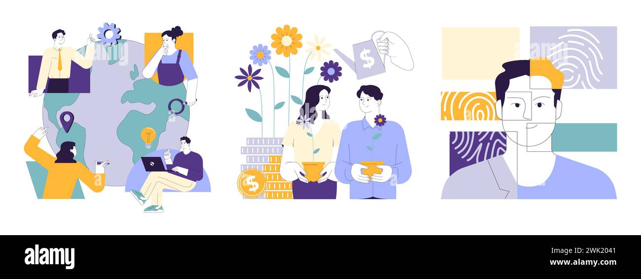 Social equity set. Civil society teamwork, environmental activism, and community engagement for ...